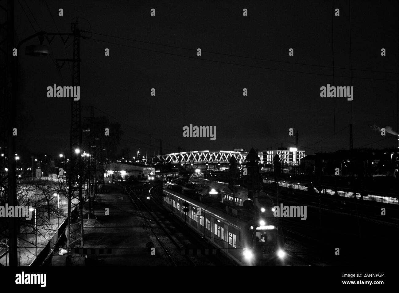 intercity trains in the night black and white Stock Photo - Alamy