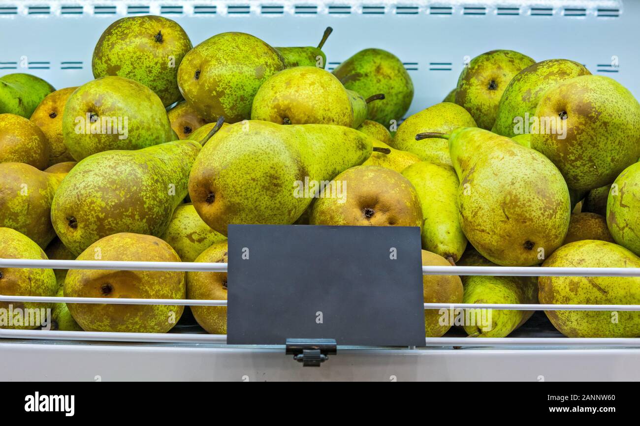 Conference pear varieties in a wooden box with a price tag Stock Photo ...