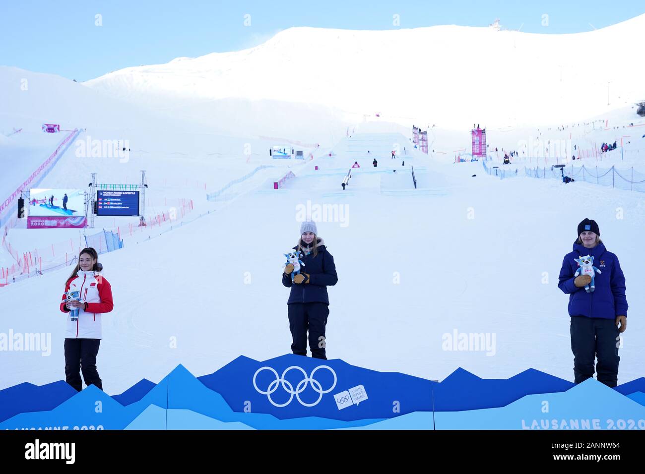 Leysin, Switzerland. 18th Jan, 2020. Gold medalist Kelly Sildaru (C) of ...