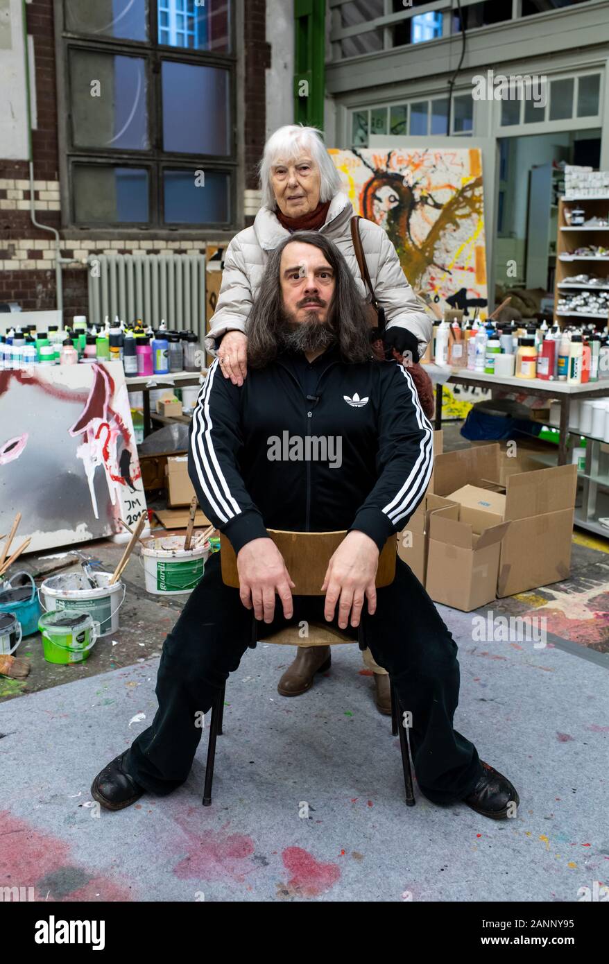 Berlin, Germany. 17th Jan, 2020. Jonathan Meese, artist, sits in front ...