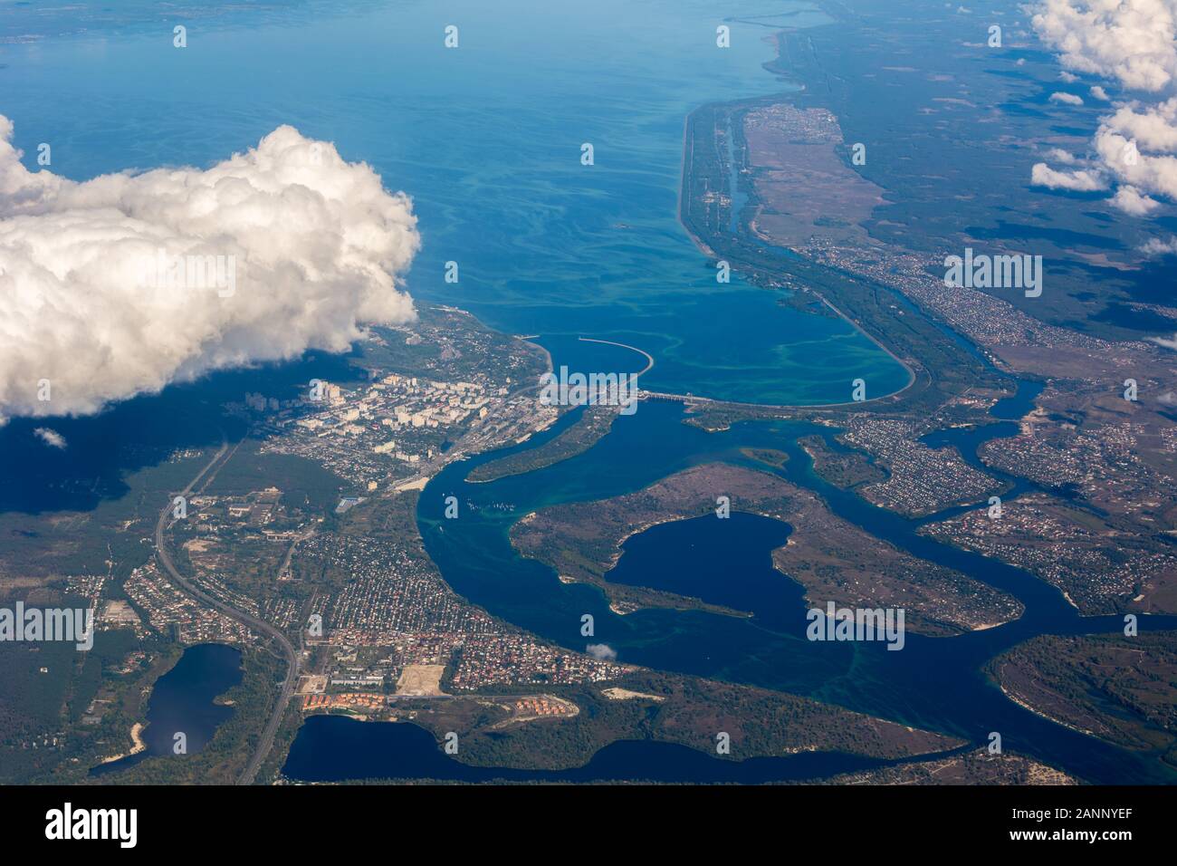 Dam of the Kiev reservoir in Ukraine with a bird's-eye view Stock Photo ...
