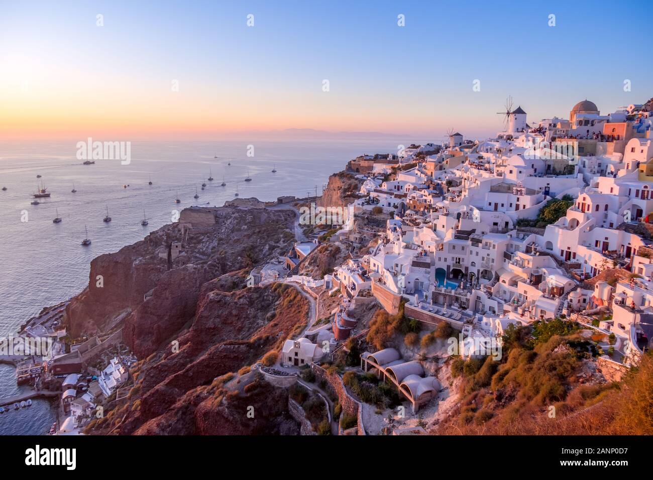 Greece. White houses and roofs on the island of Santorini (Thira). Many ...