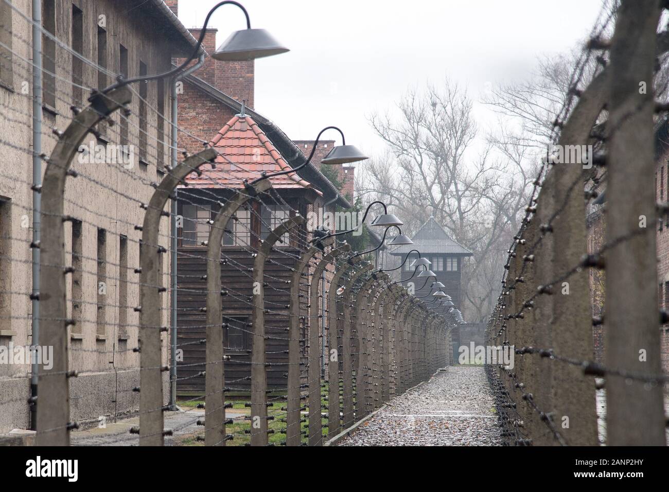Barbed wire fence and wooden watch tower in Nazi German ...