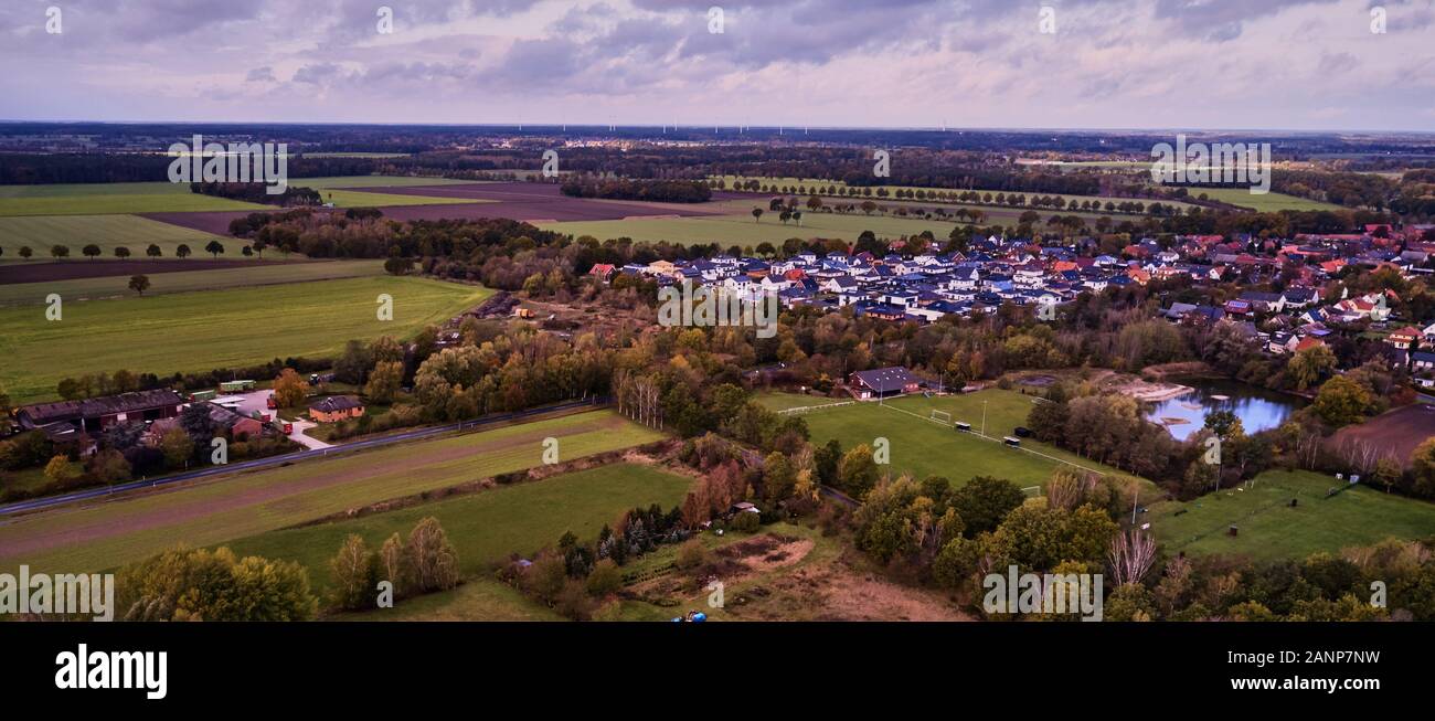 Aerial view of a tiny piddy village in the heath in the north of ...