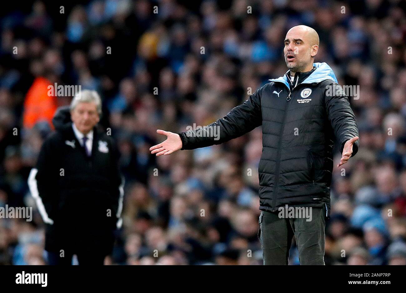 Manchester City manager Pep Guardiola gestures on the touchline during ...