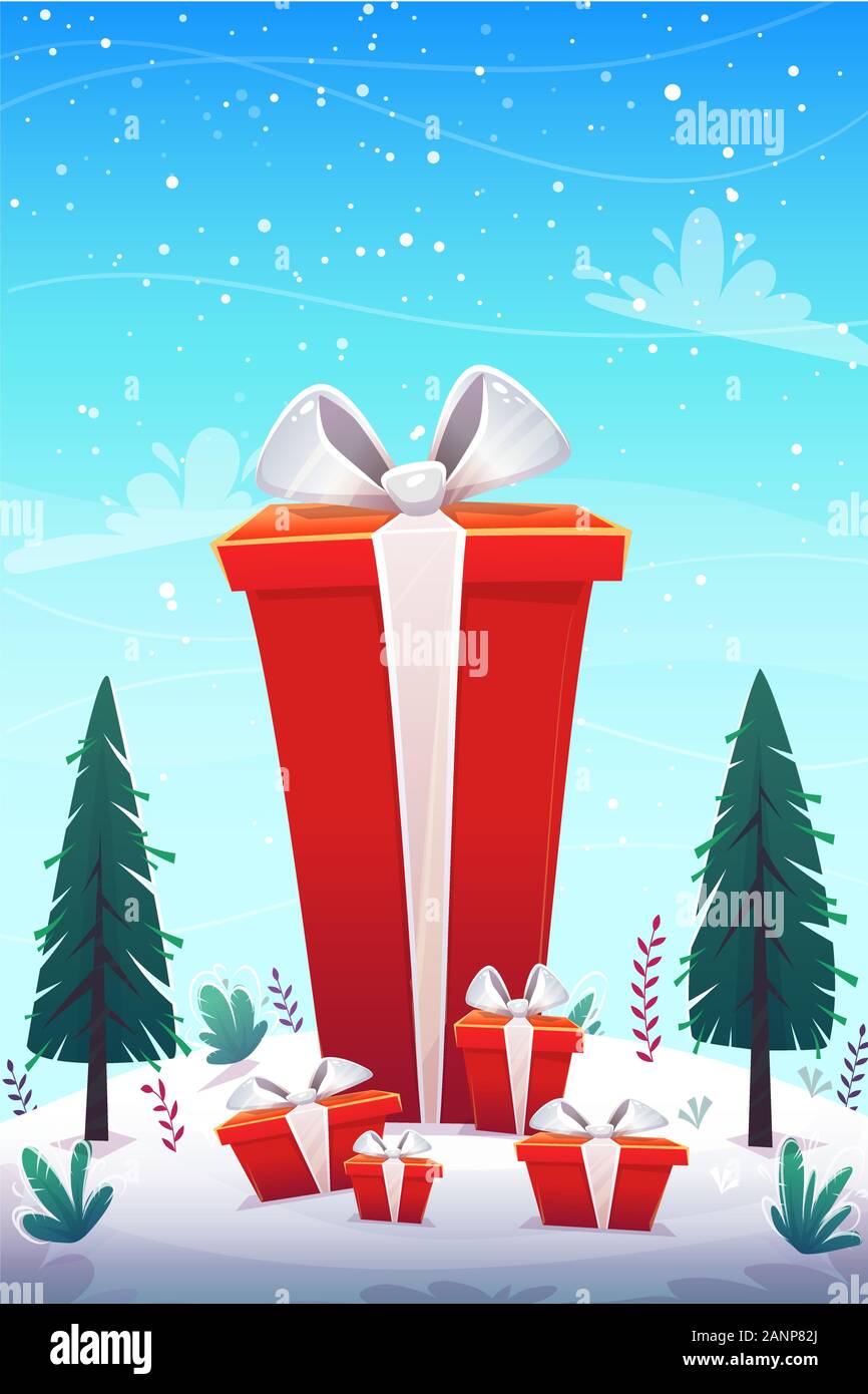 Stack pile of gift boxes at winter snow forest nature background ...