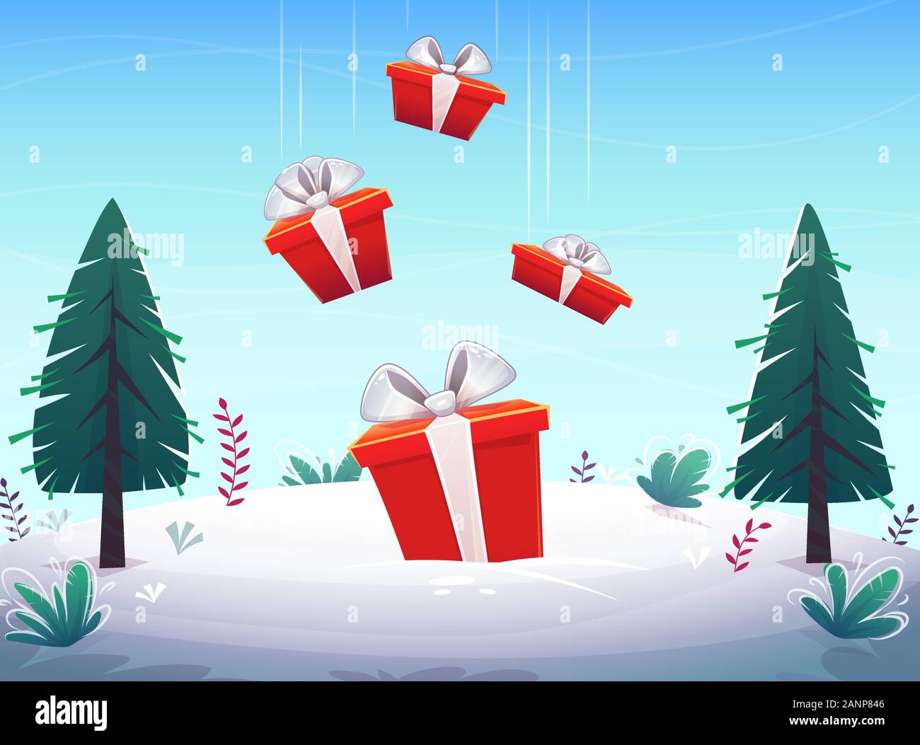 red boxes gifts pour in fall from the sky b background winter snow ...