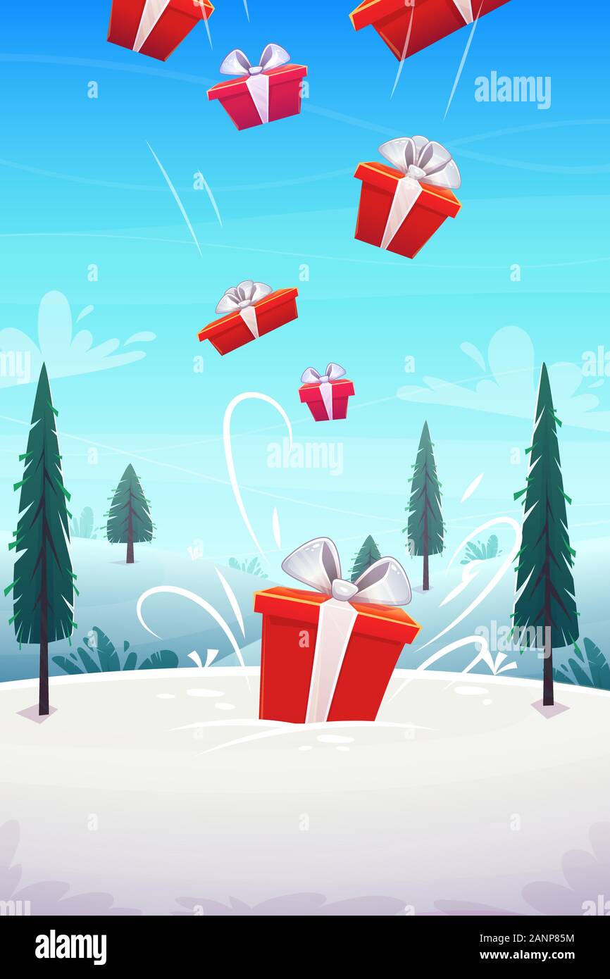 red boxes gifts pour in fall from the sky b background winter snow ...