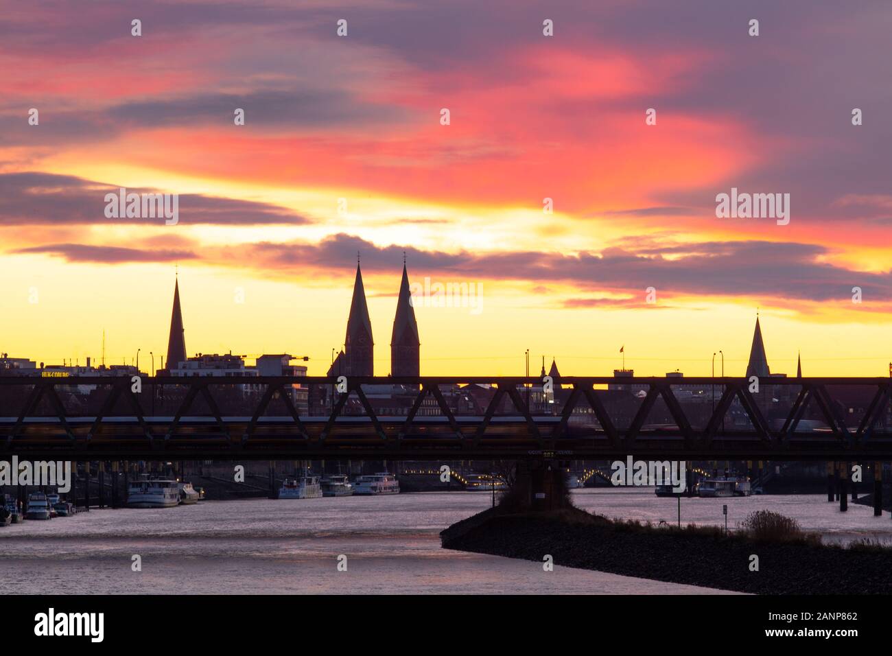 Long exposure of the river Weser, the Überseestadt and the City centre ...