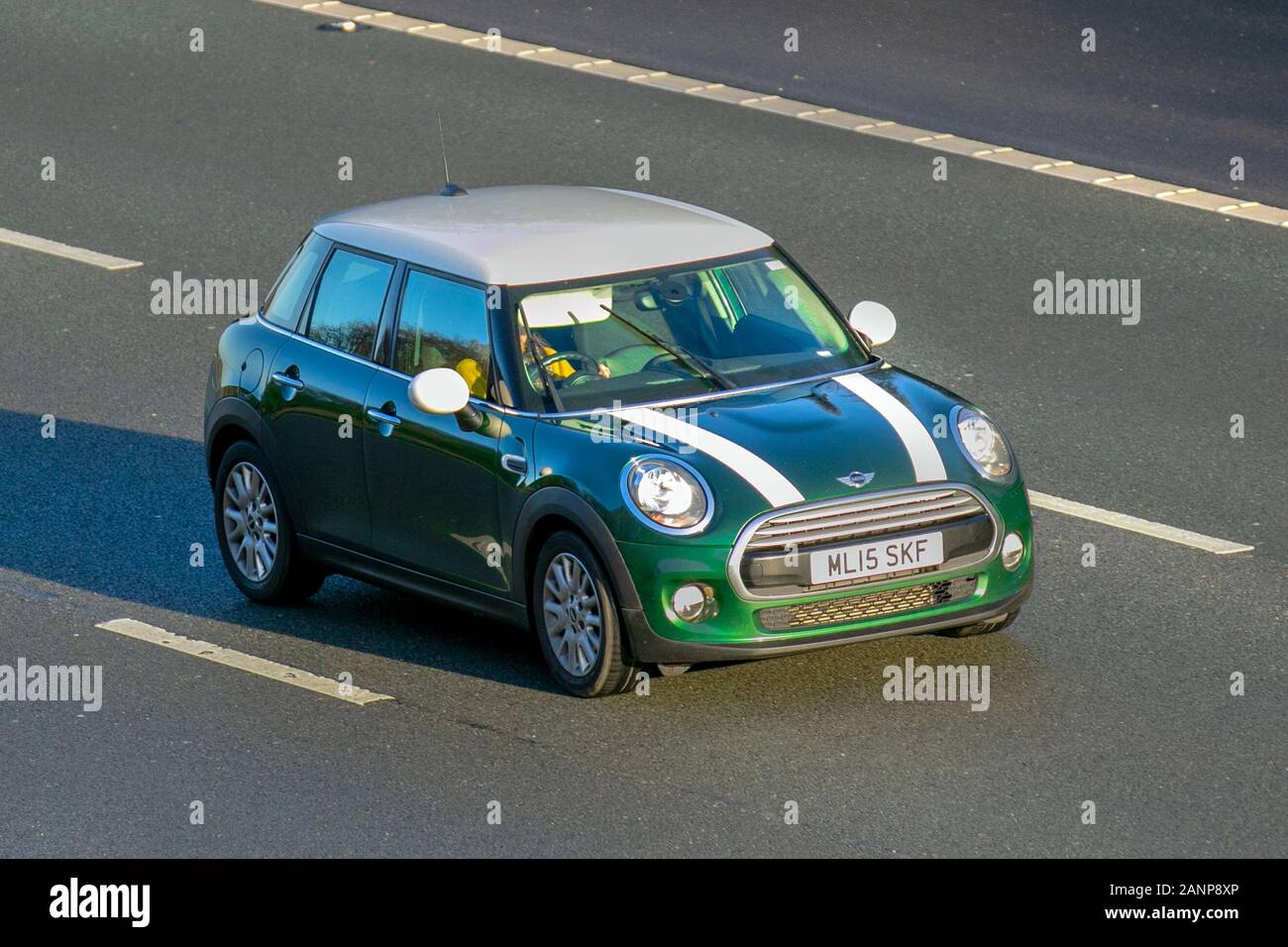 2015 green Mini Cooper; UK Vehicular traffic, transport, modern, saloon ...