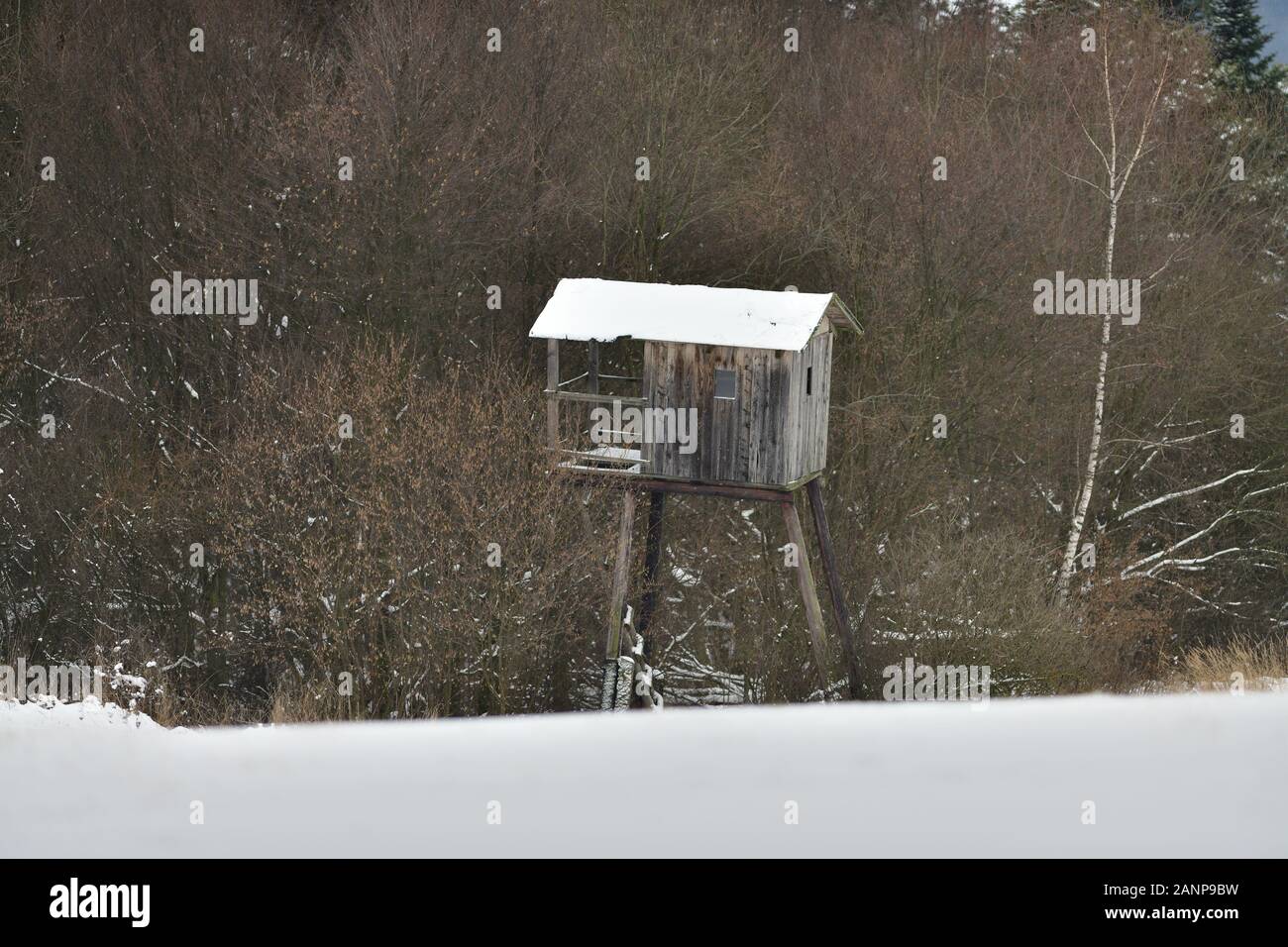 Wooden hunting lodge for hunting in the meadow in winter Stock Photo ...