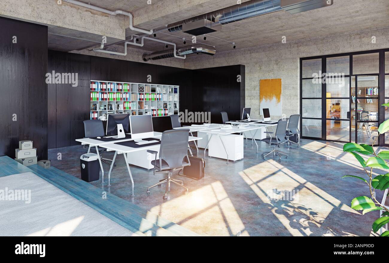 modern loft office interior, 3d rendering business concept design Stock ...