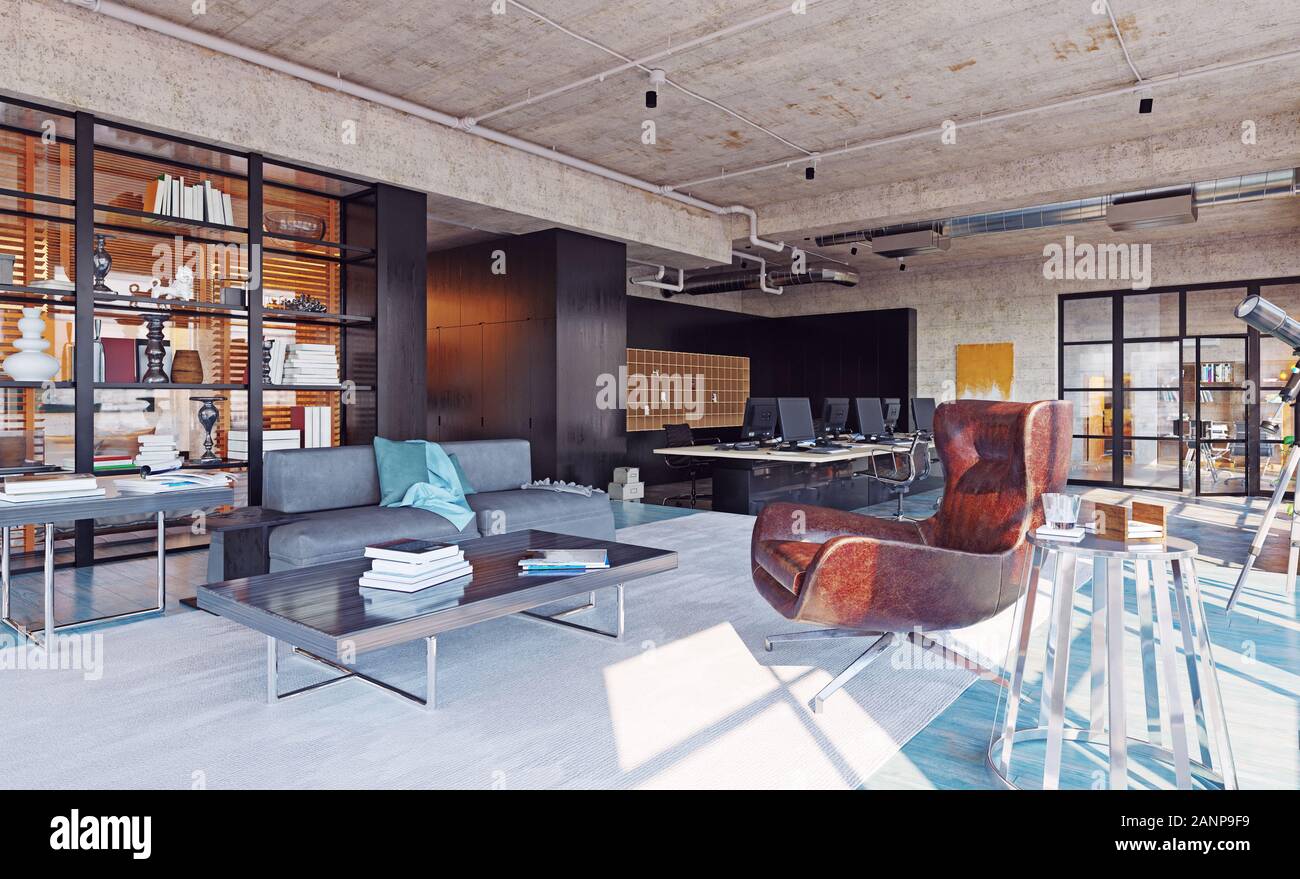 modern loft office interior, 3d rendering business concept design Stock ...