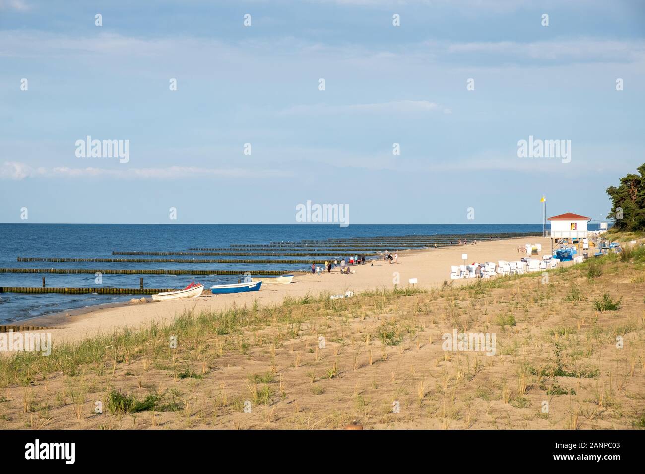 the beach of Zempin on the island Usedom with the lifeguard tower and ...