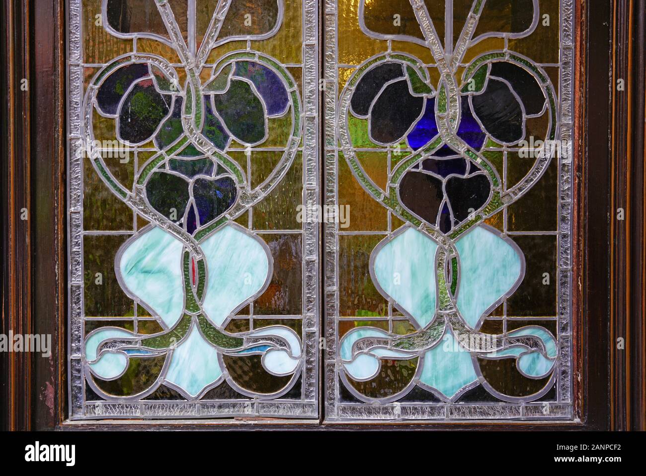 PENANG, MALAYSIA -6 DEC 2019- View of stained glass windows at the Blue ...