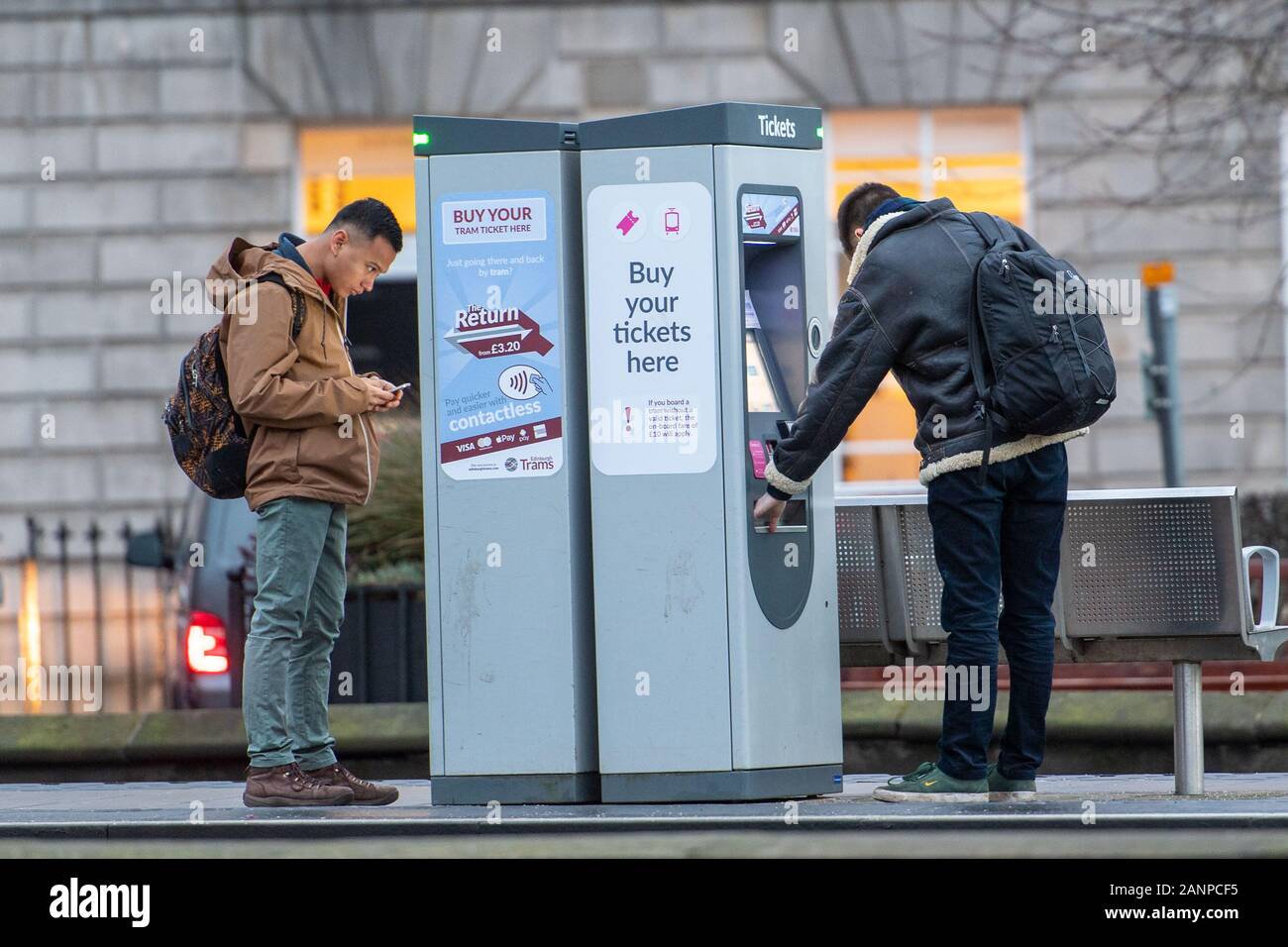 Edinburgh Trams Ticket machine, People buying tickets, contact less ...
