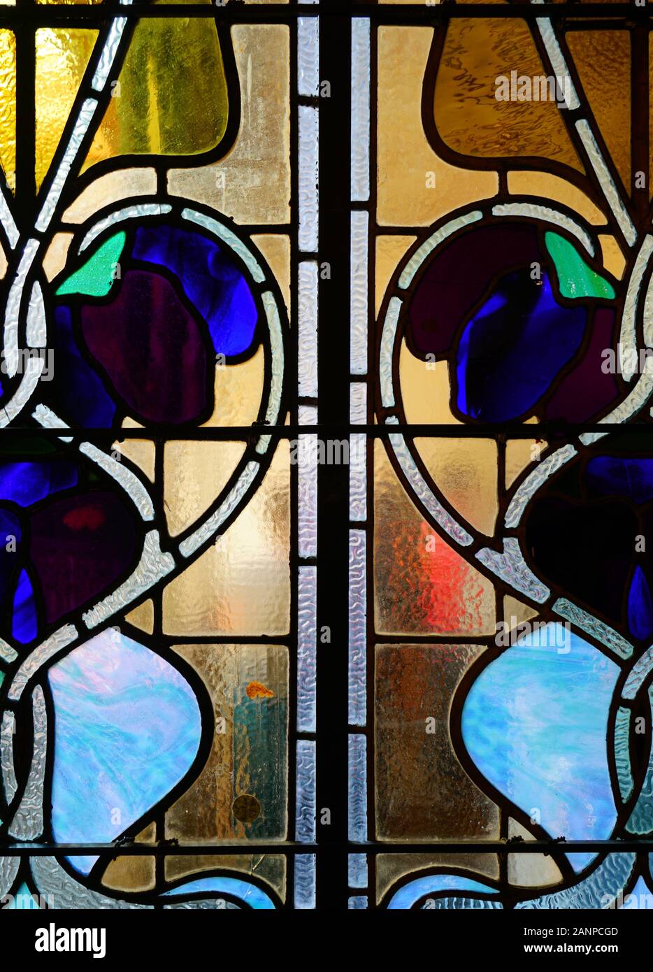 PENANG, MALAYSIA -6 DEC 2019- View of stained glass windows at the Blue ...