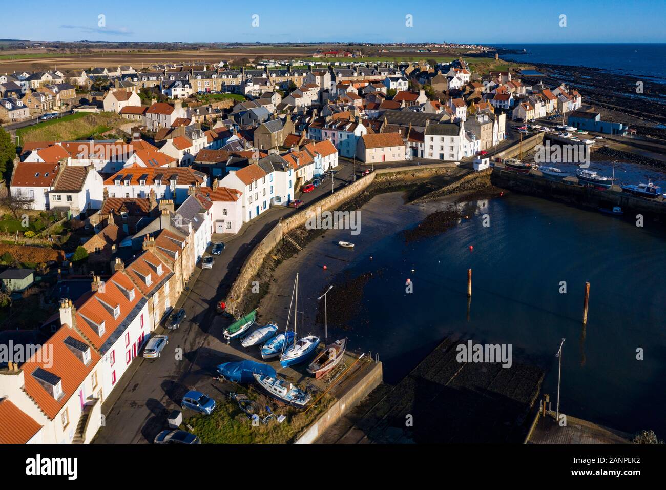 Aerial view from drone of St Monans fishing village in the East Neuk of ...