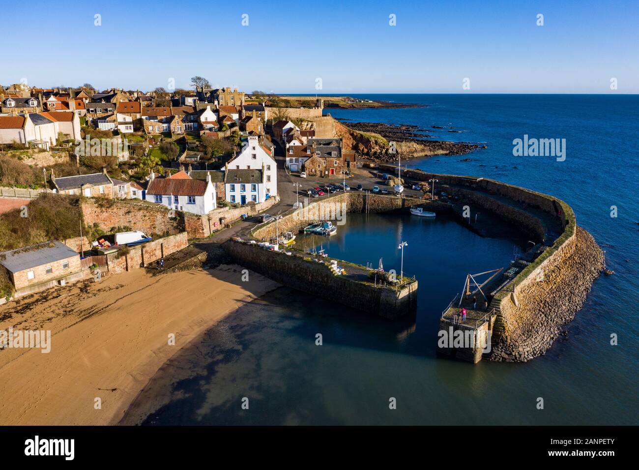 Aerial view from drone of Crail historic fishing village in the East ...