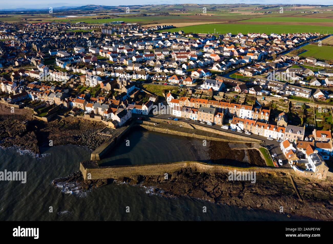 Aerial view of village from drone of of Cellardyke fishing village in ...
