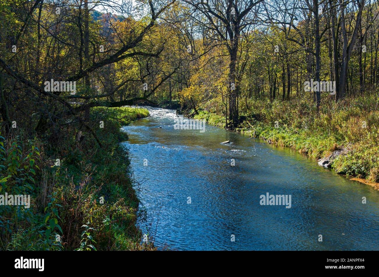 river and woodlands at whitewater state park in karst region of ...