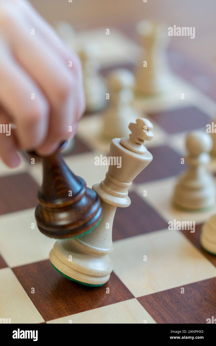 playing wooden chess pieces. Chess game. The fall of the king. Vertical ...