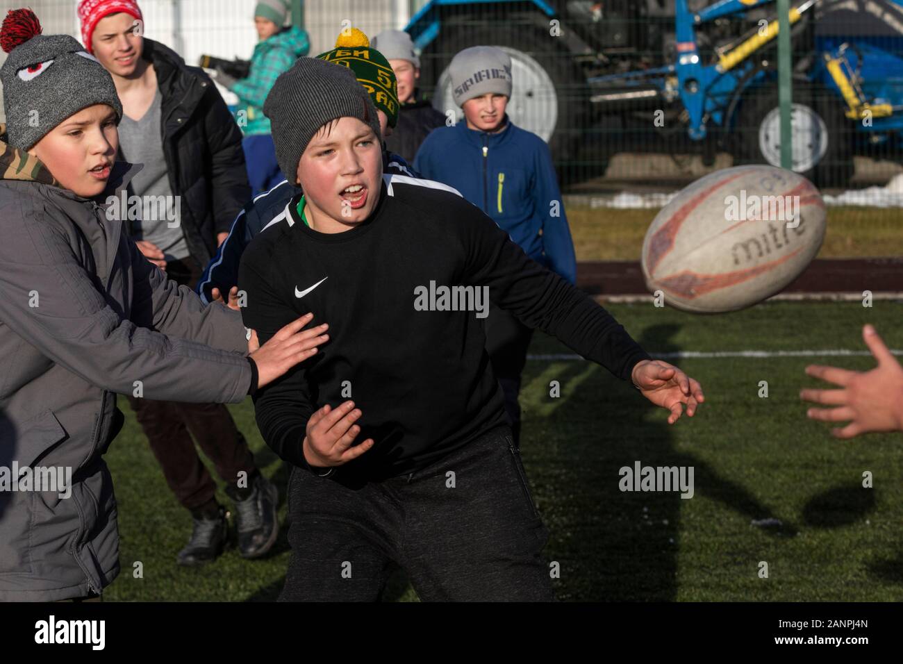 Moscow, Russia. 18th of January, 2020 Children playing a mini rugby ...