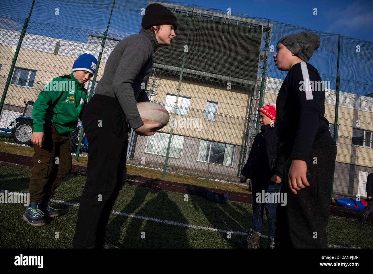 Moscow, Russia. 18th of January, 2020 Children playing a mini rugby ...