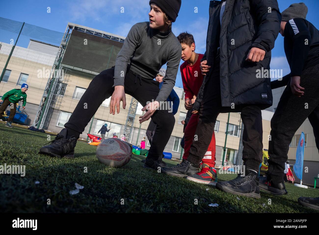 Moscow, Russia. 18th of January, 2020 Children playing a mini rugby ...