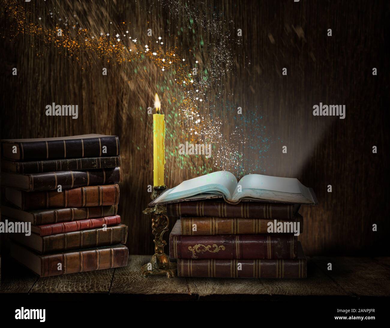 Retro Candelabra With Burning Candles and Opened magic book with magic ...