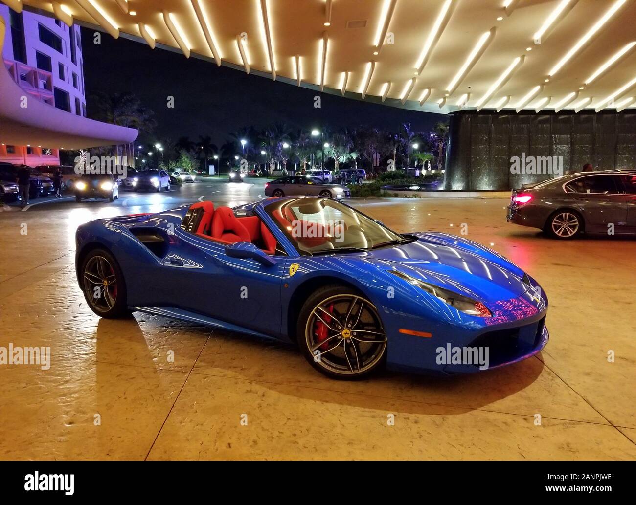 Hollywood, Florida, U.S.A - January 2, 2020 - A blue Ferrari by the ...