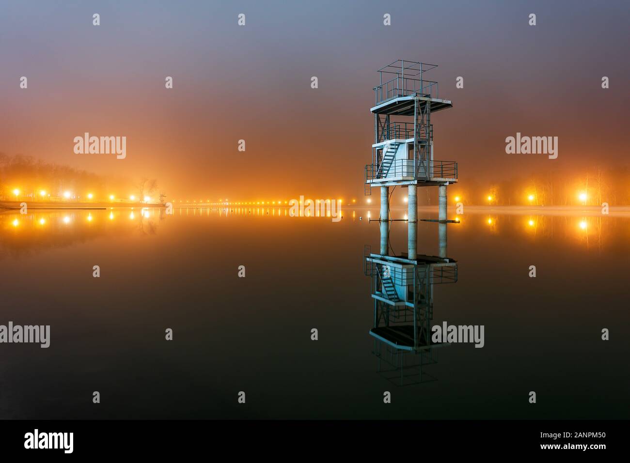 Winter misty night over rowing channel in Plovdiv city, Bulgaria Stock ...