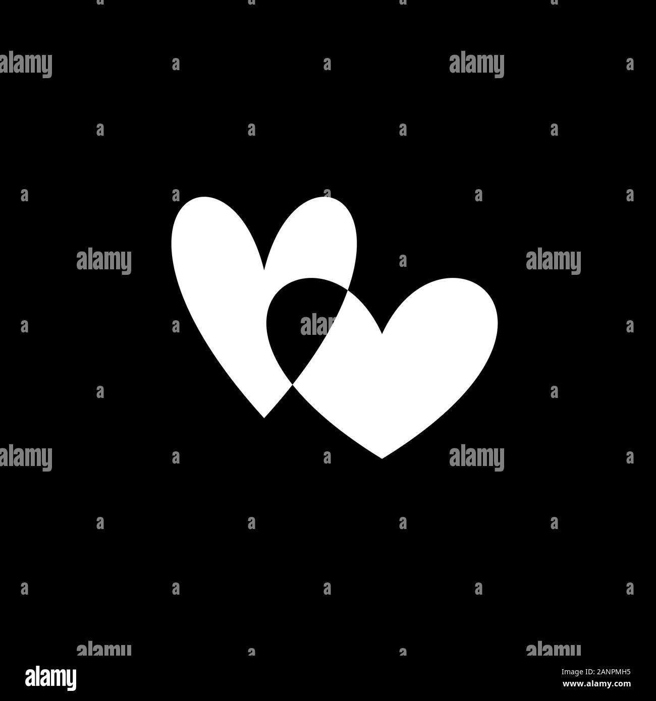 White overlapping hearts isolated on black background. Simple vector ...