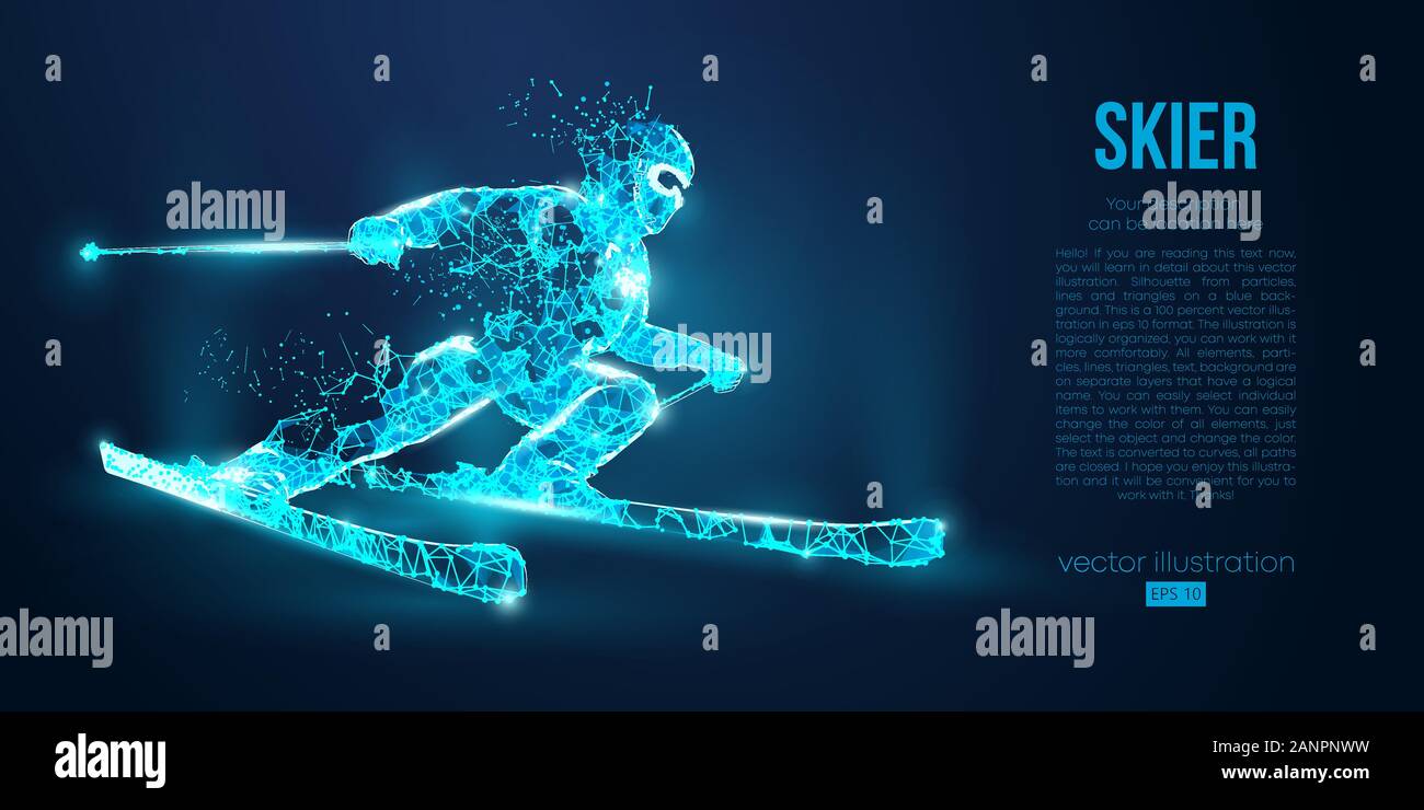 Abstract silhouette of a skier jumping from particles on blue ...
