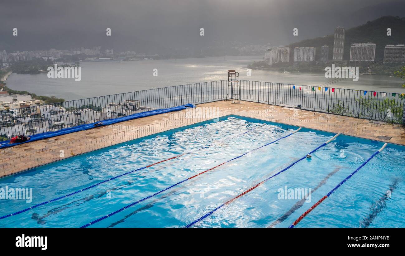 Empty swimming pool overlooking Lagoa Rodrigo de Freitas in Rio de ...