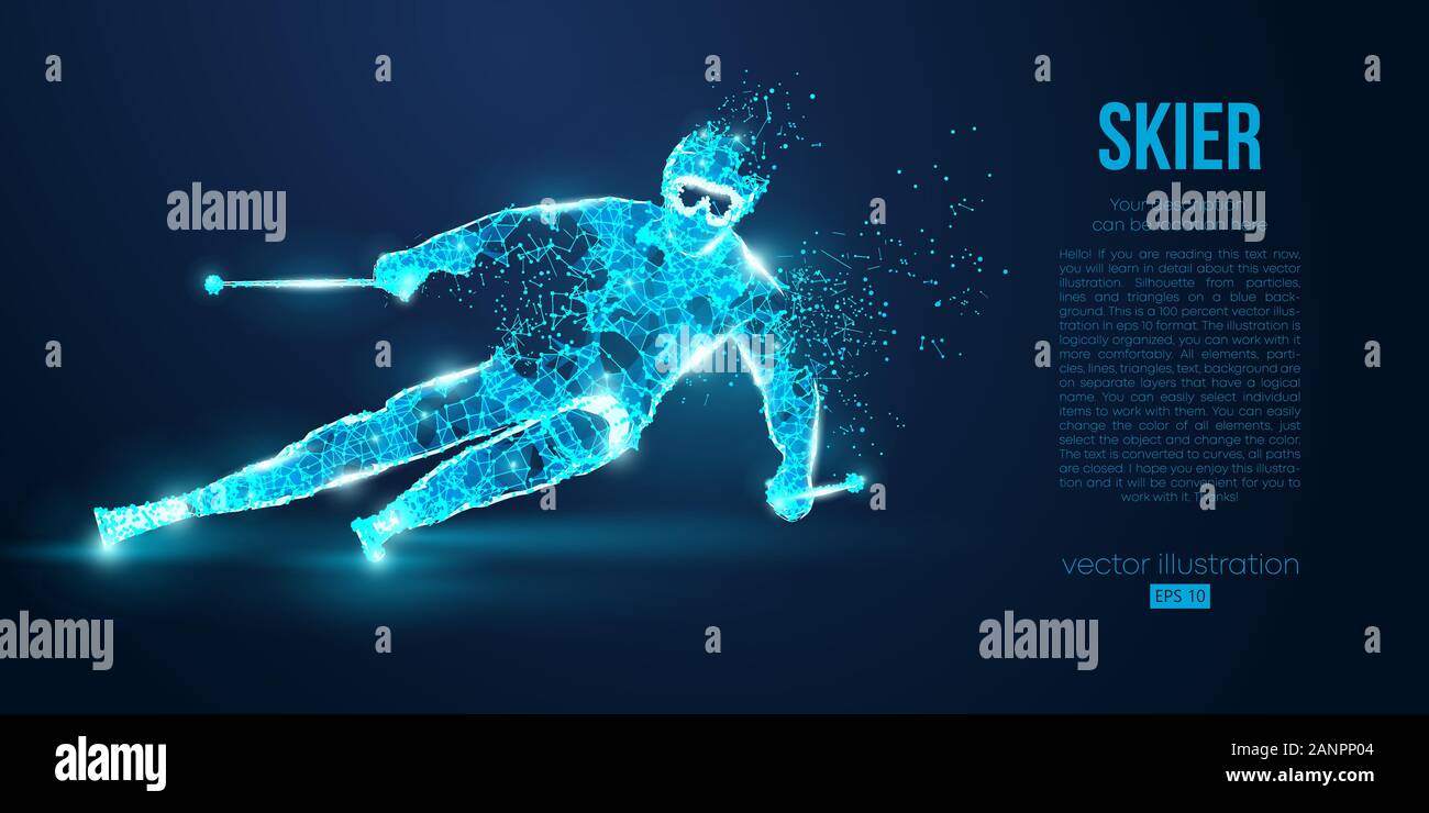 Abstract silhouette of a skier jumping from particles on blue ...