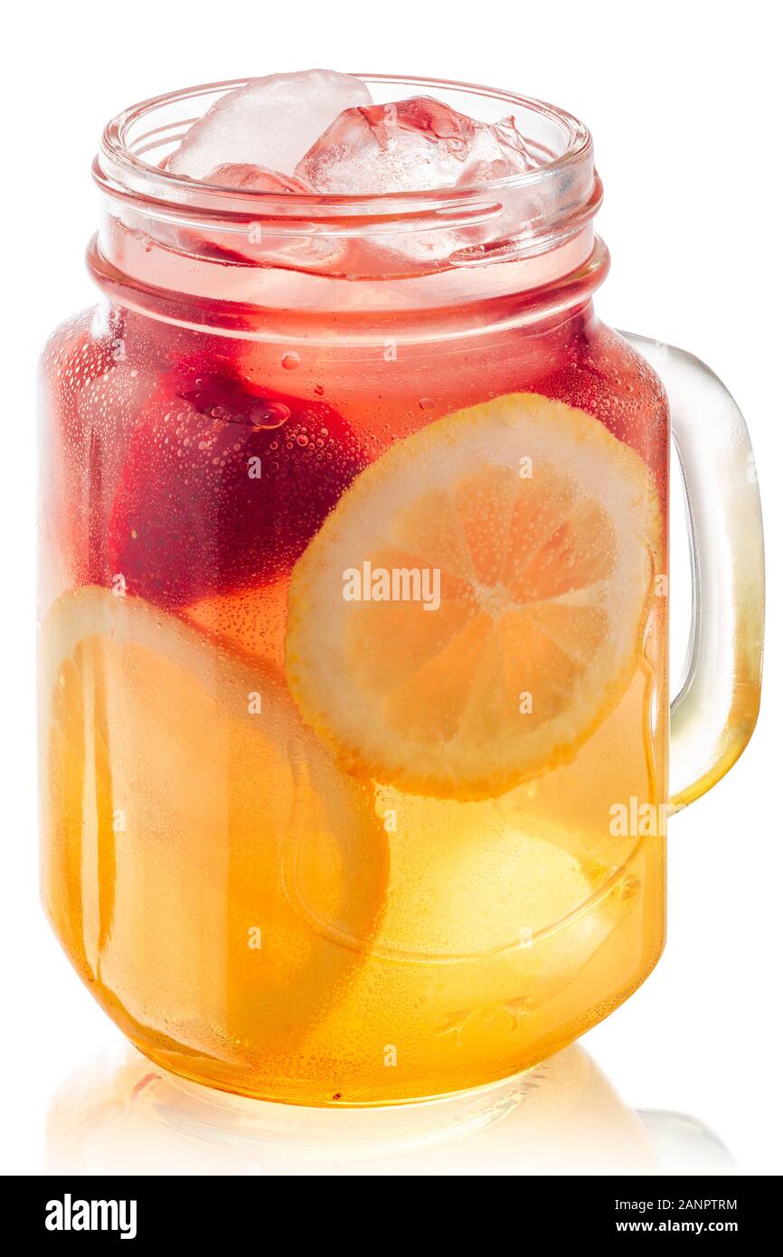 Iced strawberry lemonade in a mason jar, isolated Stock Photo - Alamy