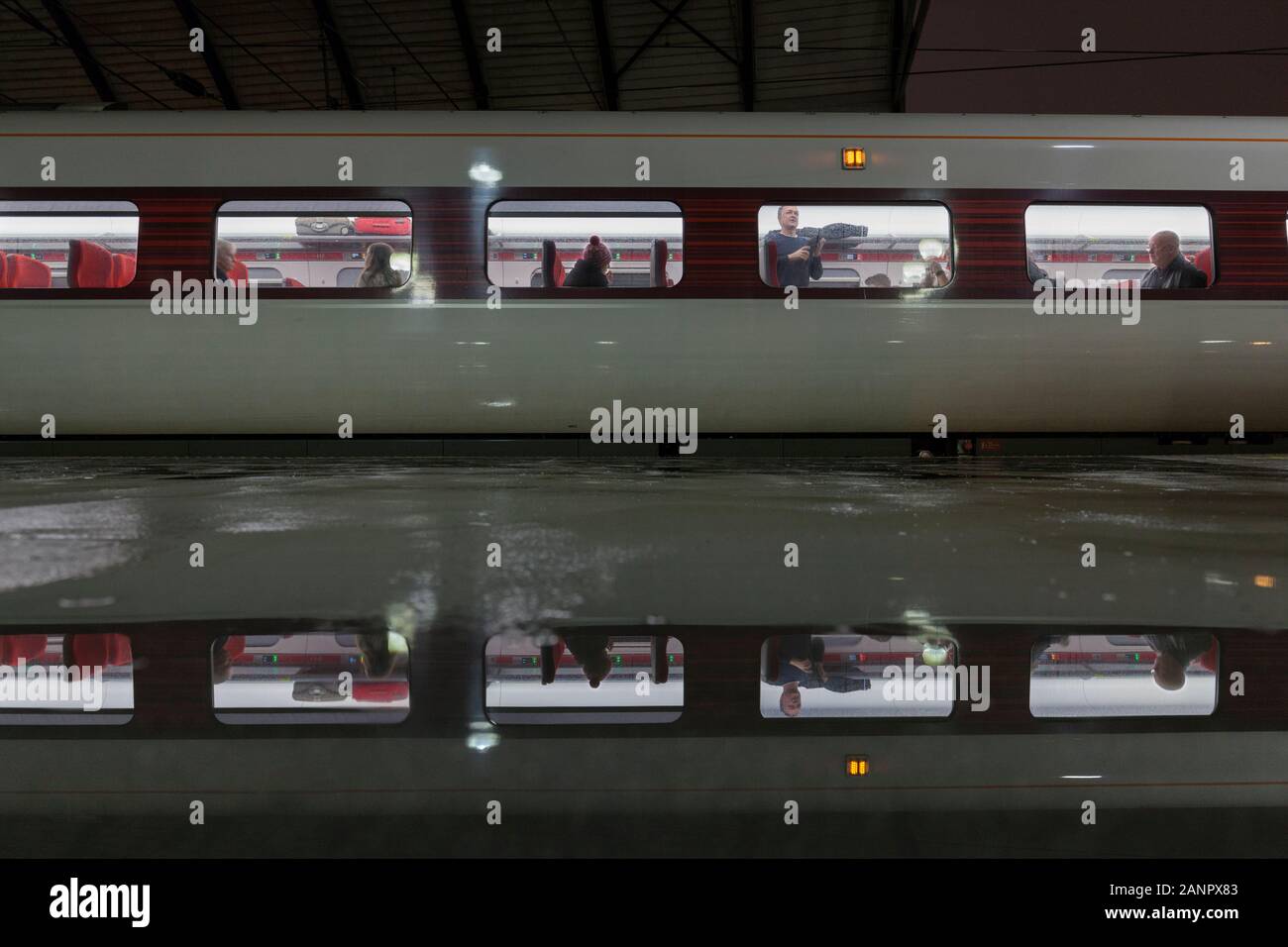 Passengers on a London North Eastern railway, LNER Azuma train at ...