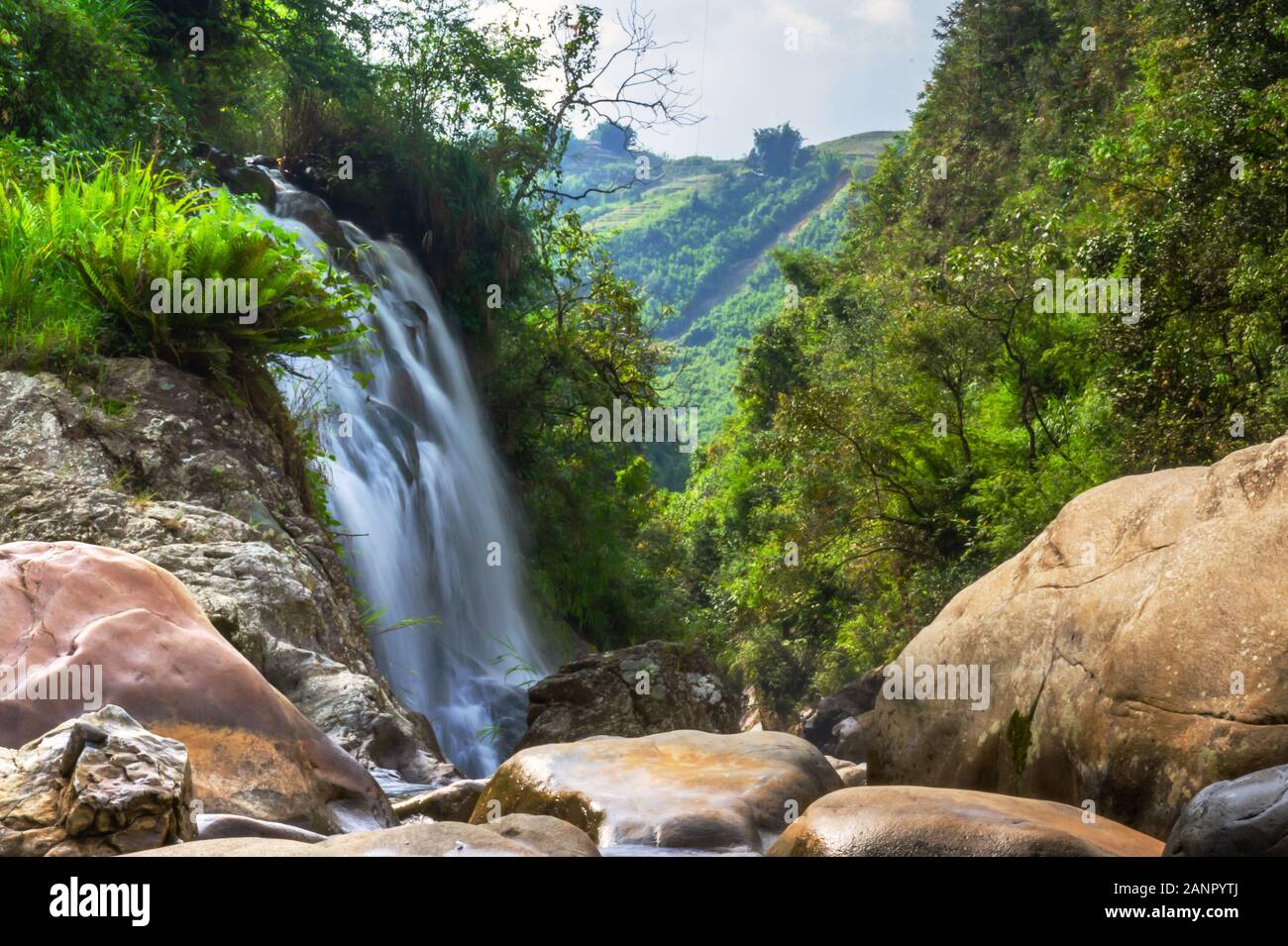 Beautiful waterfall landscape. Silver waterfall at Cat Cat Village in ...
