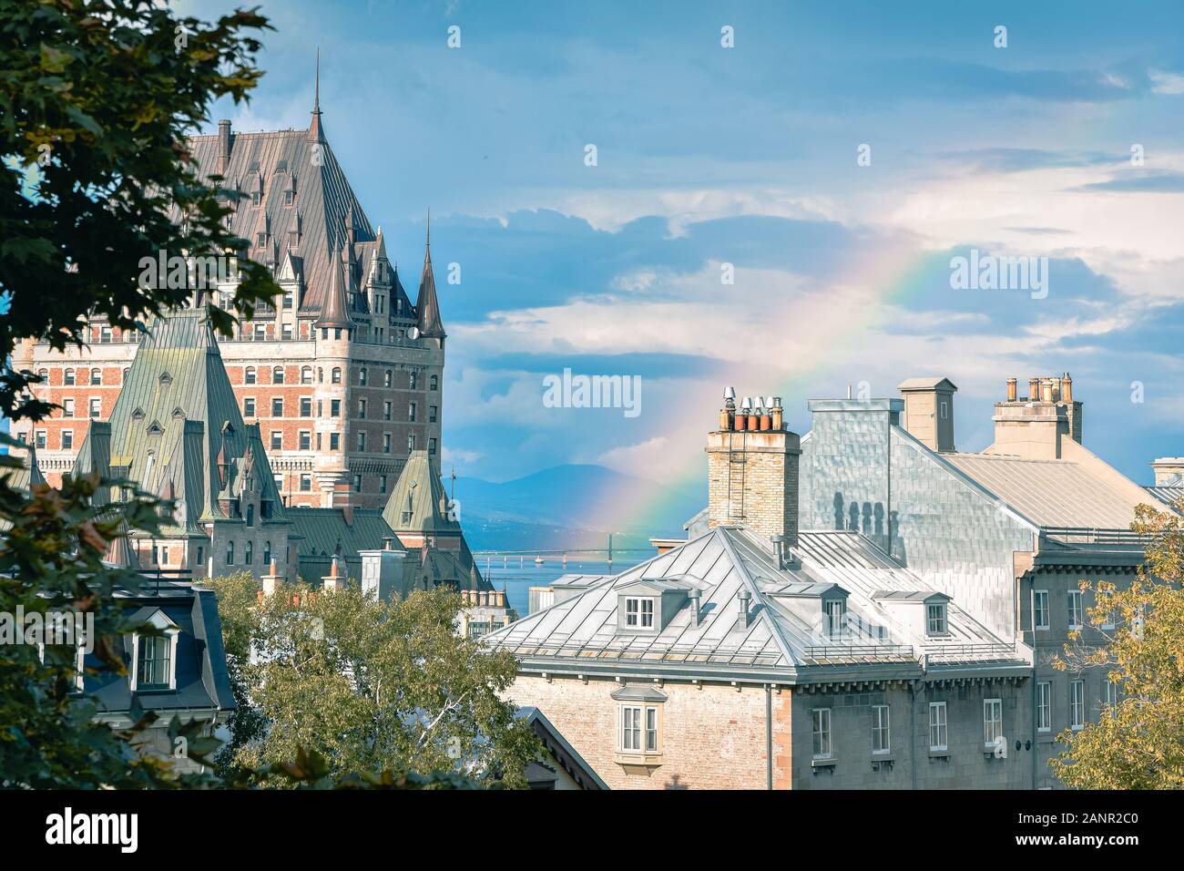 Buildings from Quebec in Canada, with a background of blue sky and ...