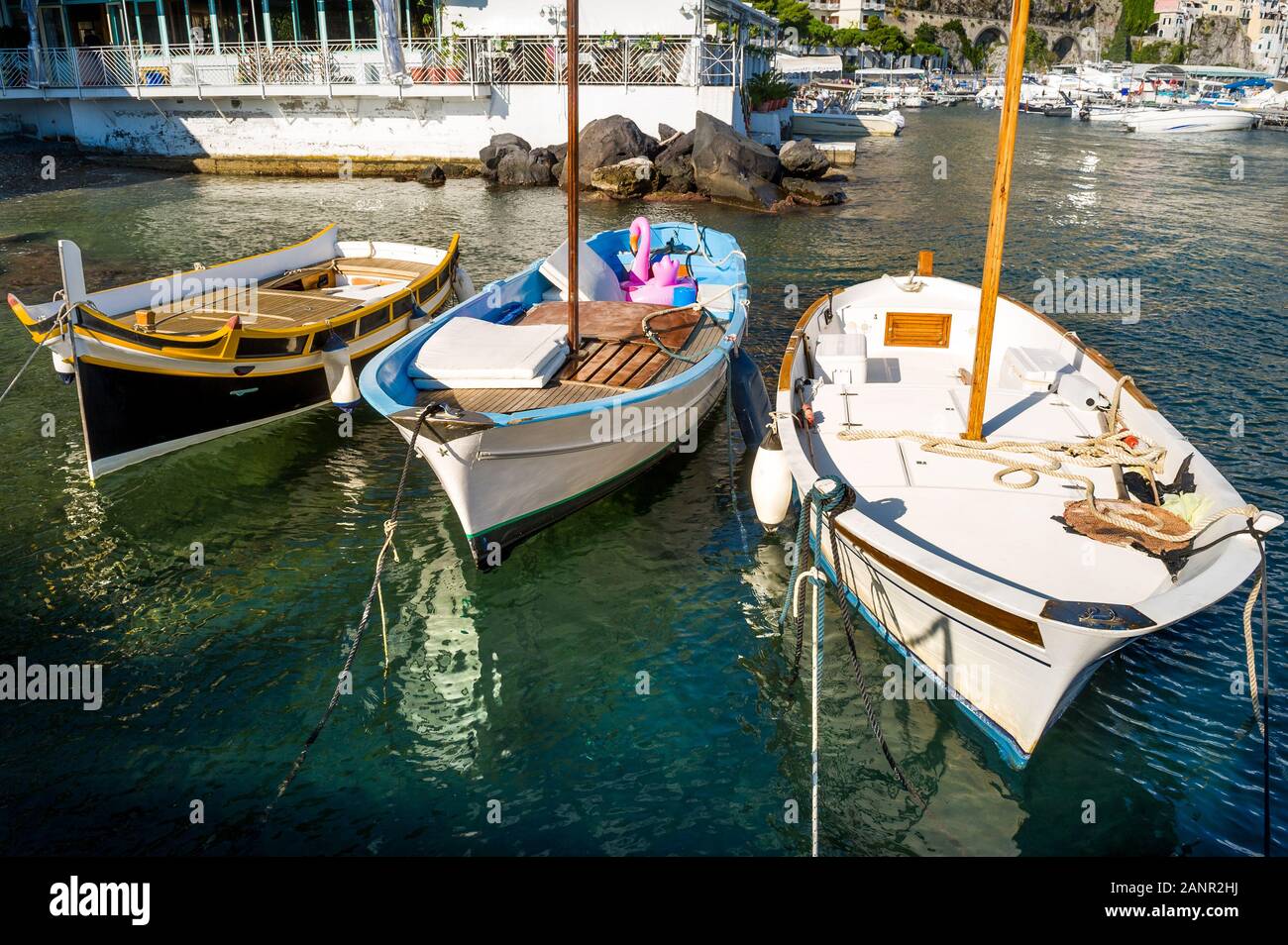 Old boats of local fishermans in Amalfi marina. Italy coast Stock Photo ...