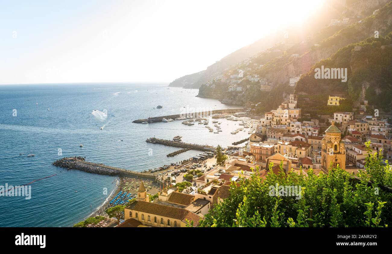 Amalfi at sunset panorama from viewpoint above the old town. Amalfi ...