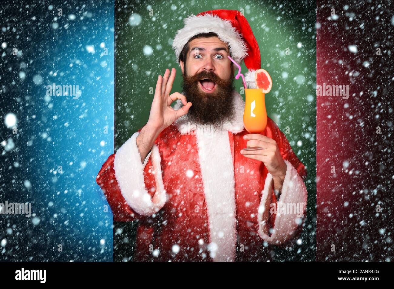 handsome bearded santa claus man with long beard on smiling face ...