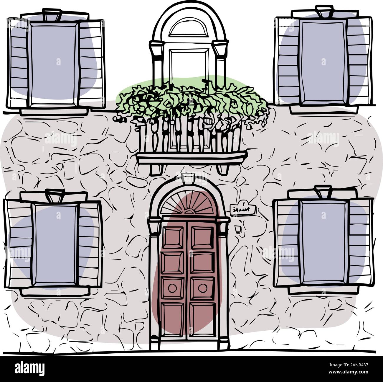 Hand drawn line art house fasade street with door balcony and windows ...
