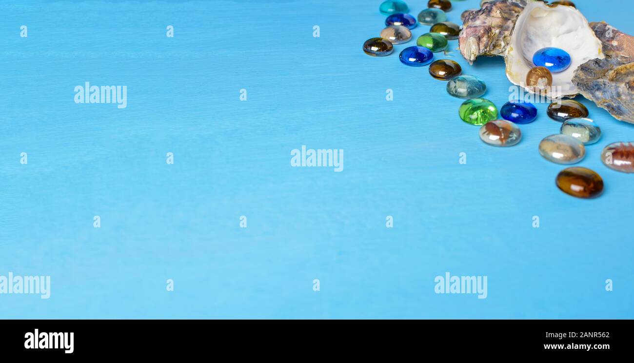 oyster shells and multi color glass stones on a blue background.copy ...