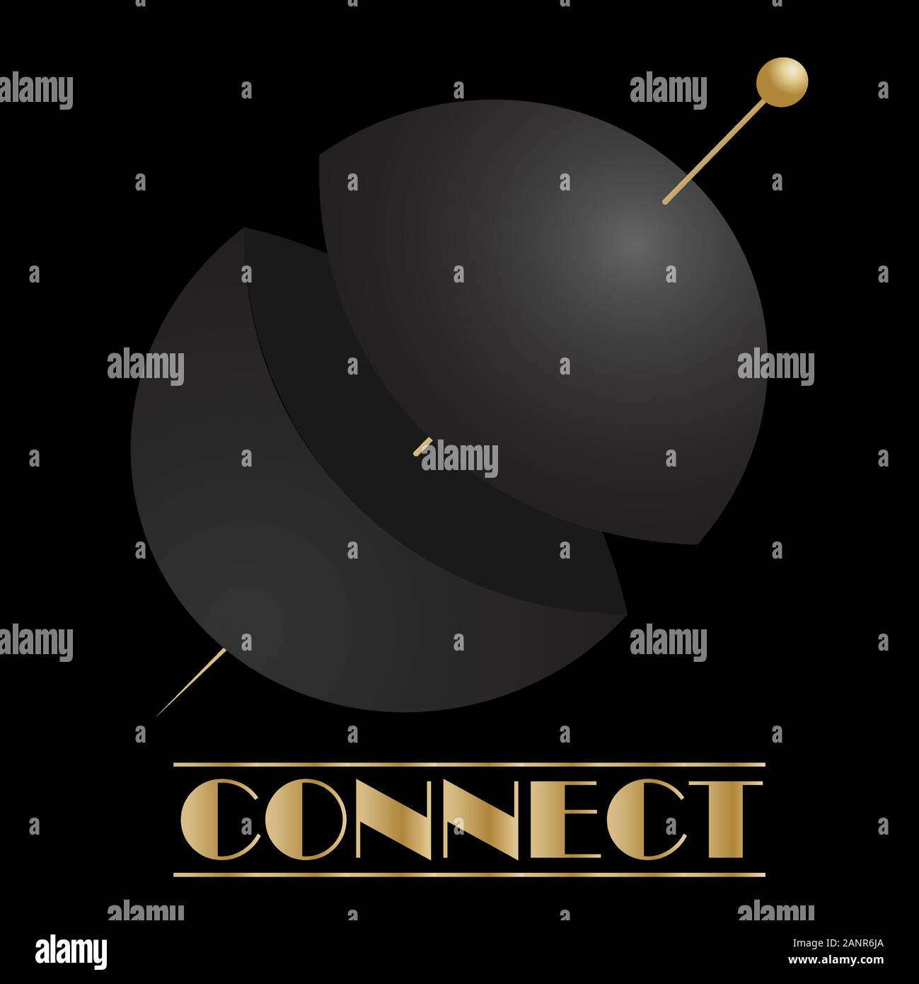 abstract 3d logo in the form of a black cut sphere connected by a gold ...