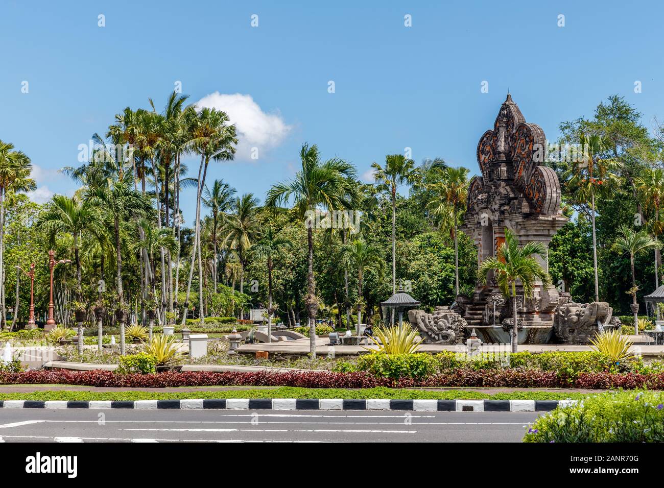 Nusa Dua area with buildings and fountains in traditional Balinese ...