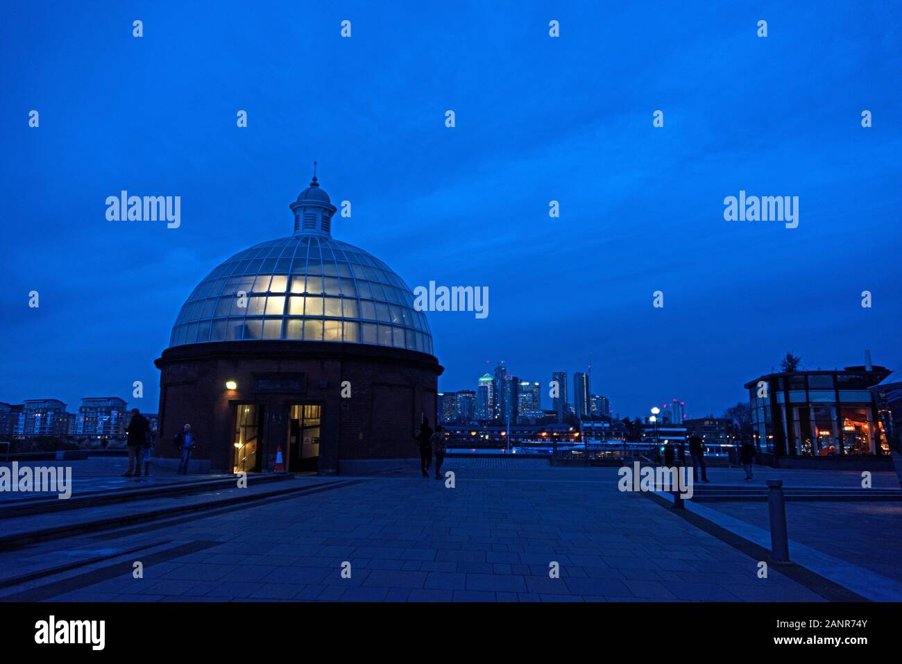 The entrance dome of the Greenwich Foot Tunnel glows in winter twilight ...