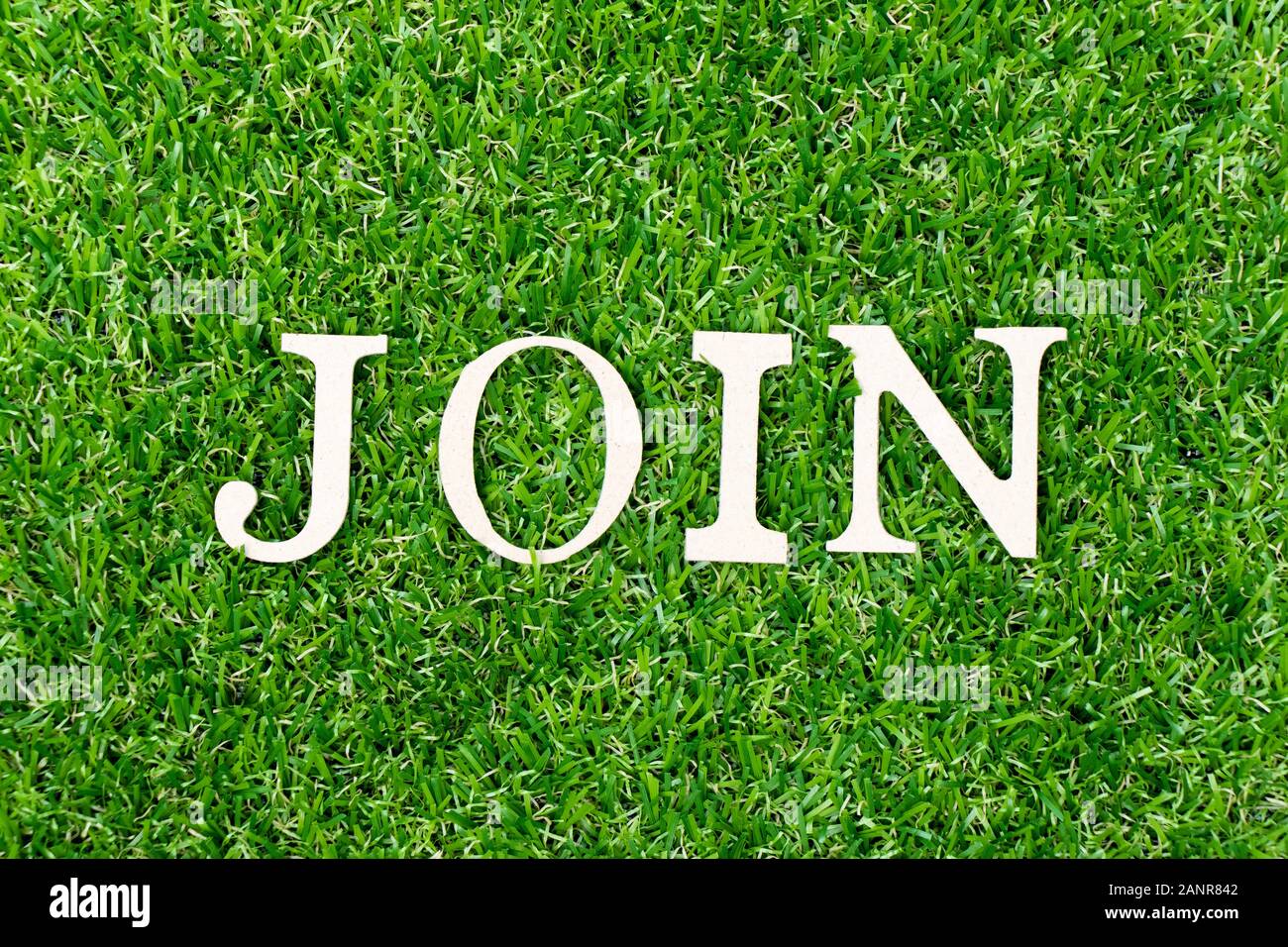 Wood letter in word join on green grass background Stock Photo - Alamy