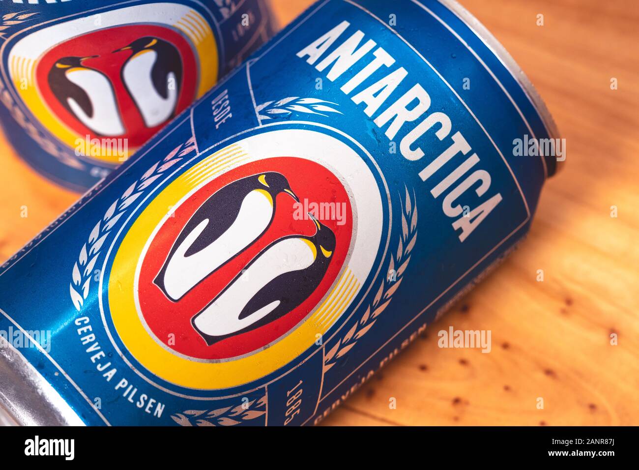 Two cans of beer from the Antarctica brand. Cerveja Antarctica Pilsen ...